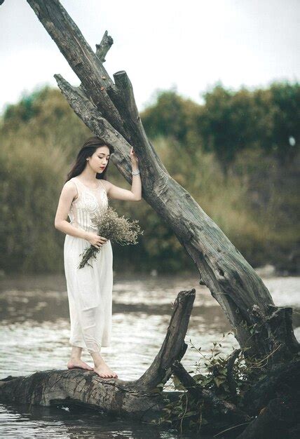 Premium Photo Woman In Tree Trunk Against Plants