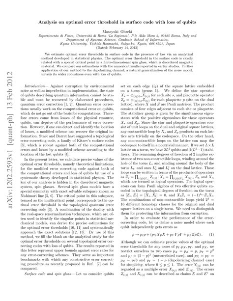 Pdf Error Threshold Estimates For Surface Code With Loss Of Qubits