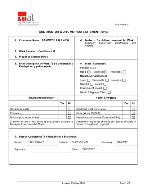 Contractor Work Method Statement For Fire Hydrant Pipe Reprair Pdf