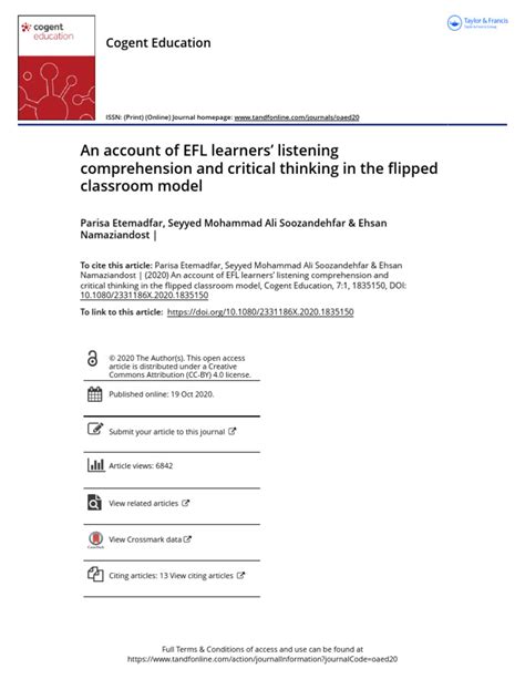 An Account Of Efl Learners Listening Comprehension And Critical Thinking In The Flipped