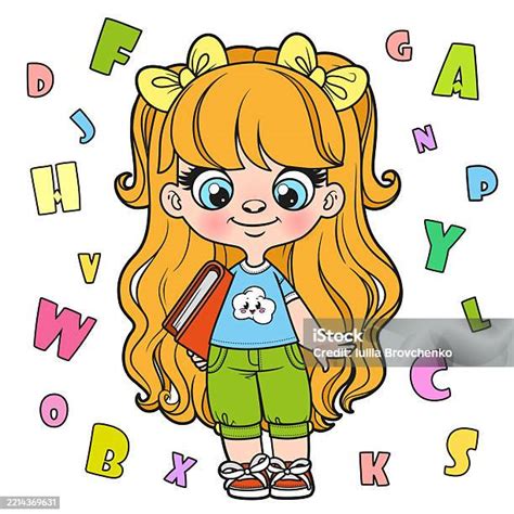 귀여운 만화 장발 소녀가 흰색 배경에 색칠 공부 페이지에 대 한 책 색상 변형을 들고 있습니다 교과서에 대한 스톡 벡터 아트 및 기타 이미지 Istock