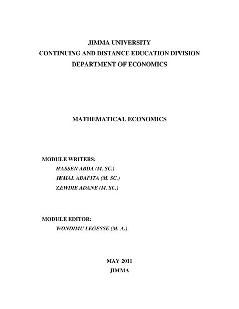 Mathematical Economics Module 1 Jimma University Continuing And