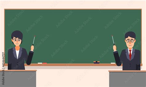 学校の教室に女性と男性の教師・先生が指示棒を持って教えているイラストモーショングラフィックスで使いやすい Stock Vector