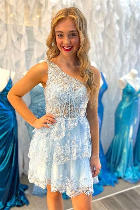 One Shoulder Light Blue A Line Hoco Dress Navy Blue Homecoming Dress