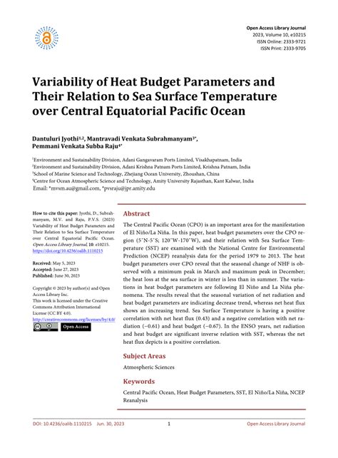 Pdf Variability Of Heat Budget Parameters And Their Relation To Sea Surface Temperature