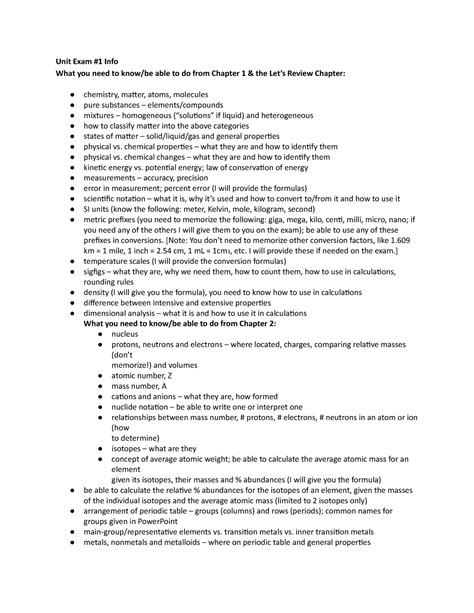 Chem Review 1 Unit Exam 1 Info What You Need To Know Be Able To Do From Chapter 1 The Studocu
