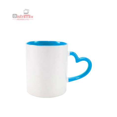 Caneca de Porcelana Alça Coração e Interior Colorido ml Azul Claro Distrimix Nordeste