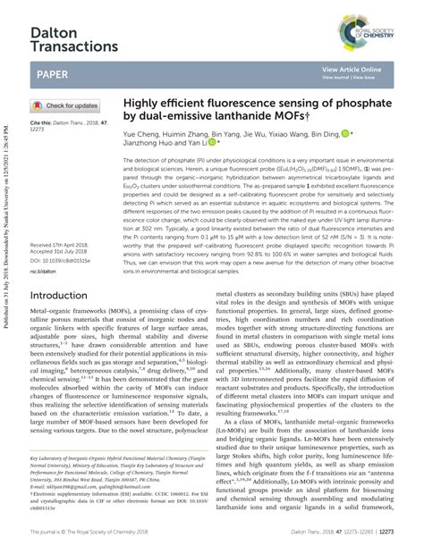 Pdf Highly Efficient Fluorescent Sensing Behavior Of Phosphate By