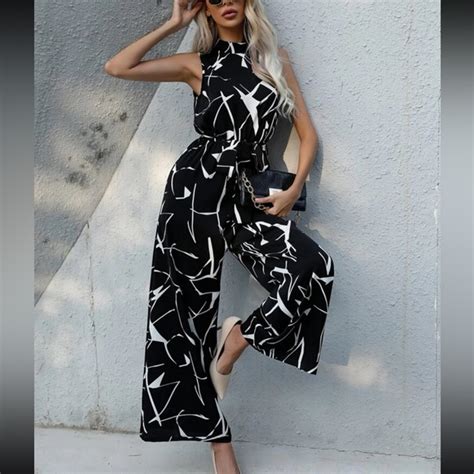 Pants And Jumpsuits Classic Elegant Black White Abstract Print Wide Leg