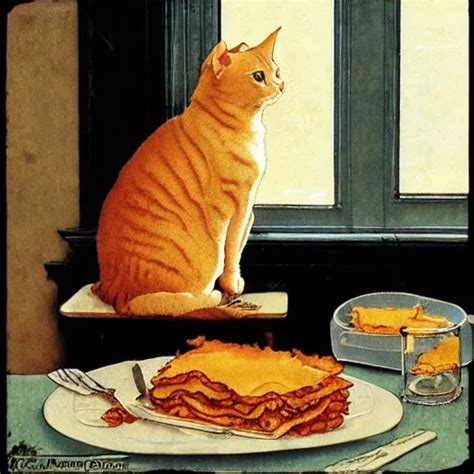 Fat Orange Tabby Cat Eating Lasagna On A Table Stable Diffusion