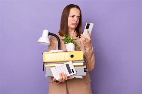 Displeased Woman Office Worker With Cardboard Box With Stuff Lost Job