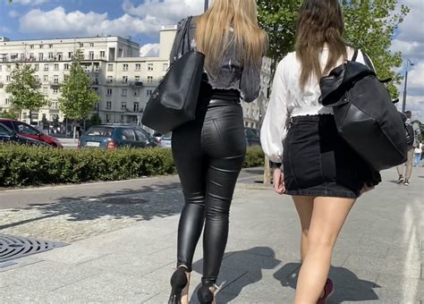 Blonde Polish Girl In High Heels And Shiny Leather Pants Spandex