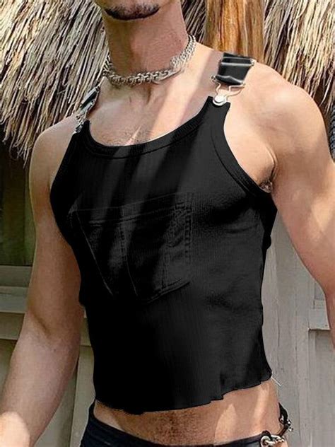 Men Adjustable Strap Buckle Stretch Knit Pit Vest Sleeveless Tshirt Vest Fashion Street Wear