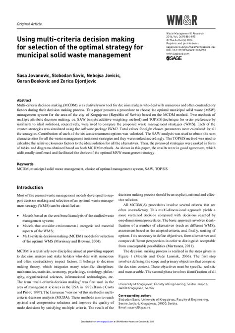 Pdf Using Multi Criteria Decision Making For Selection Of The Optimal