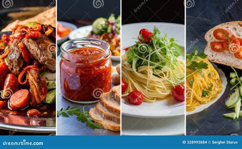 A Series Of Four Pictures Showing Different Types Of Food On Plates Ai
