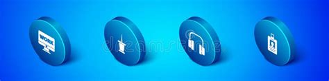Set Isometric Monitor With Text Work Headphones Identification Badge