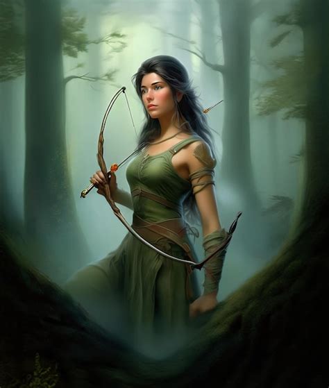 Premium Photo A Woman With A Bow And Arrow In A Forest