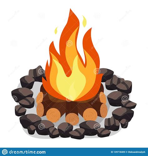 Bonfire Burning Woodpile And Round Of Stones Campfire Or Fireplace
