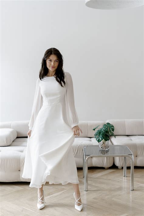 Midi Chiffon Wedding Dress Modest Long Sleeves Wedding Dress Etsy