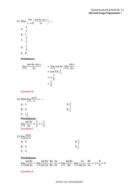 120 Soal Dan Pembahasan Limit Fungsi Trigonometri Pdf