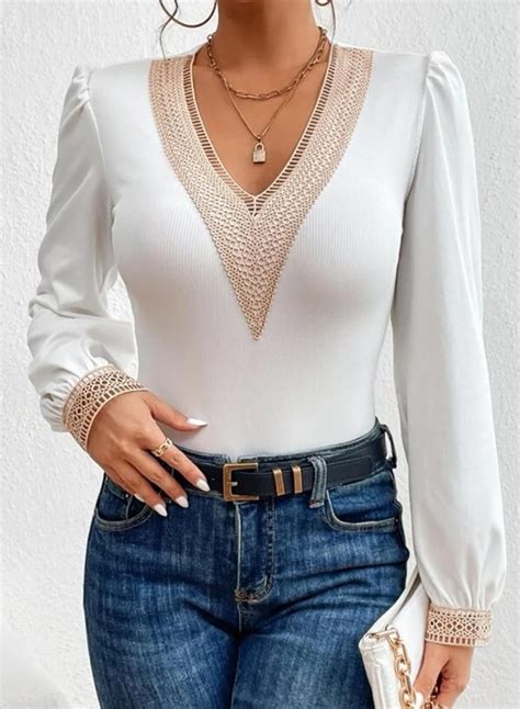 Lace Trim White V Neck Puff Long Sleeve Bodysuit Bella Valentina