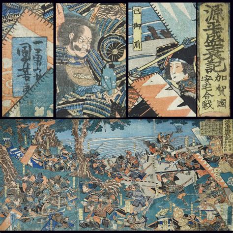 【美術品】＜本物浮世絵＞一勇斎国芳「源平盛衰記」「加賀国安宅合戦」 三枚続 裏打有 歌川国芳 木曽義仲 巴御前 武者絵 浮世絵 版画 の落札