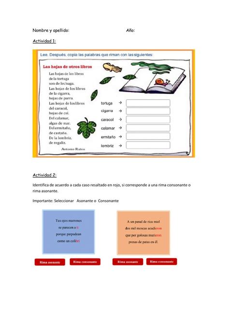 Ejercicios Con Rimas Worksheet Palabras Que Riman Rima Asonante Y