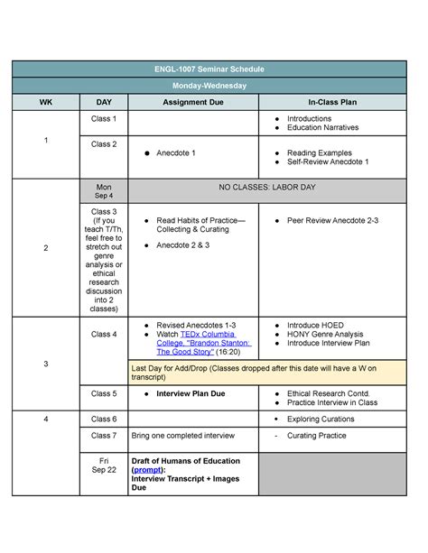 2023 Fall Baseline Schedule 1007 52 Engl 1007 Seminar Schedule Monday Wednesday Wk Day