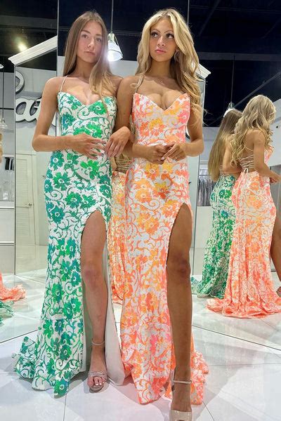 Orange Sequin Lace V Neck Mermaid Prom Dresses With Slit Vk23120405