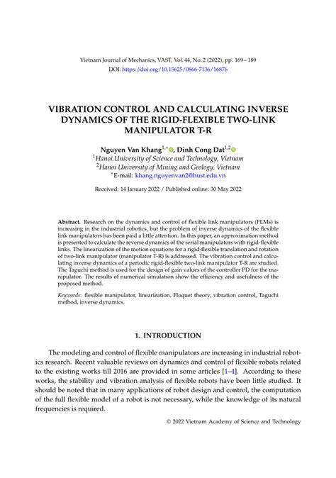 Pdf Vibration Control And Calculating Inverse Dynamics Of The Rigid Flexible Two Link