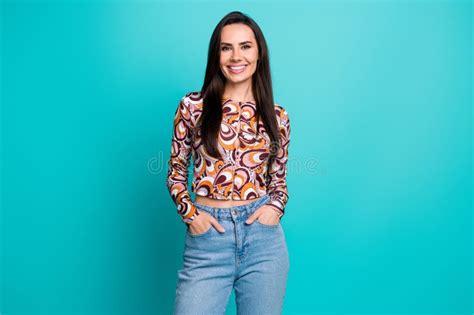 Photo Of Cheerful Pretty Lady Dressed Retro Shirt Smiling Empty Space