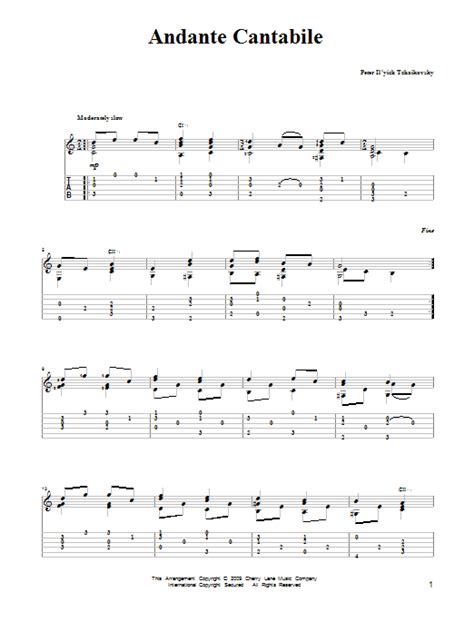 Andante Cantabile Sheet Music Pyotr Ilyich Tchaikovsky Guitar Tab