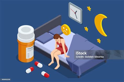 등척성 졸린 지친 여자는 침대에 누워 잠을 잘 수 없습니다 불면증 수면제 알람 시계 베개 불면증에 시달리는 침대에 누워 좌절한 여자 건강관리와 의술에 대한 스톡 벡터 아트