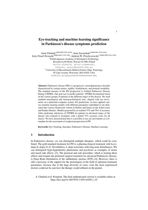 Pdf Eye Tracking And Machine Learning Significance In Parkinsons Disease Symptoms Prediction