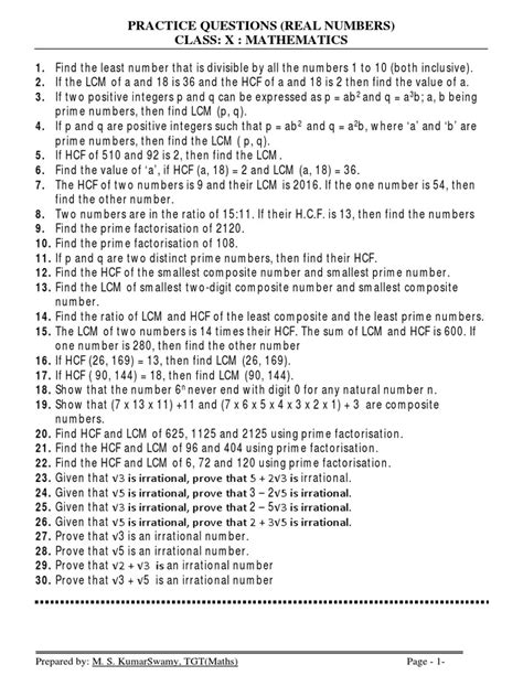Practice Questions Real Numbers Class X Pdf Finance And Money Management Teaching Methods