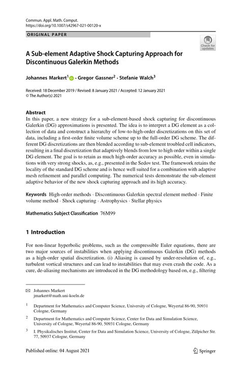 PDF A Sub Element Adaptive Shock Capturing Approach For Discontinuous