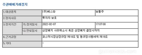 자본잠식률 2223 베스파 상장폐지 사유로 거래 정지