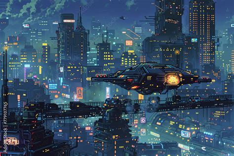 2d Pixel Art Of Flying Cyberpunk Vehicle At Night Cyberpunk City At