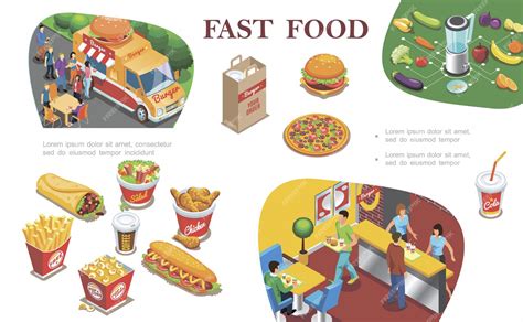 길거리 음식 패스트 푸드 레스토랑 과일 야채 핫도그 감자 튀김 커피 콜라 피자 햄버거와 아이소 메트릭 패스트 푸드 구성 무료 벡터