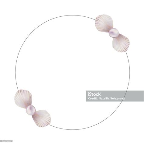 조개와 진주가 있는 수채화 프레임 흰색 고립된 배경에 수중 생물 물체를 손으로 칠하는 클립아트 디자이너 장식 엽서 포장지 스크랩북 표지 초대장 웨딩 디자인 포스터 및 섬유