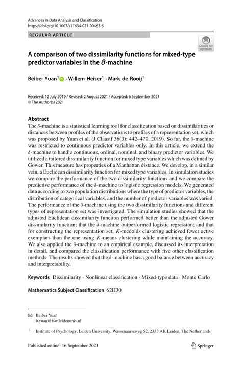 Pdf A Comparison Of Two Dissimilarity Functions For Mixed Type Predictor Variables In The δ