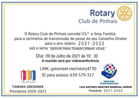 Convite para a Posse da Gestão 2021 22 do Rotary Club de Pinhais