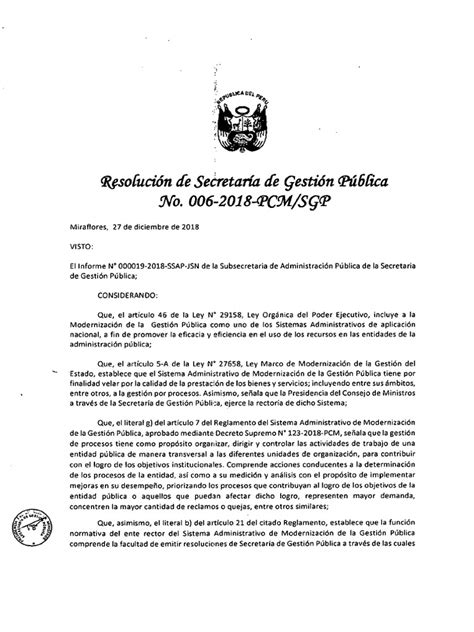 Implementación De La Gestión Por Procesos N T 001 2018 Pcm Sgp Pdf