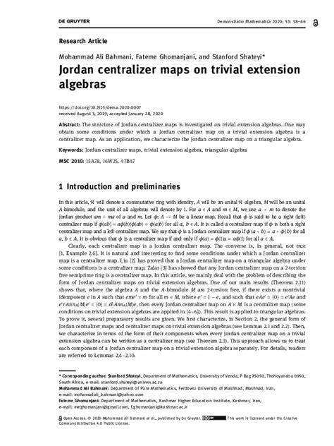 Pdf Jordan Centralizer Maps On Trivial Extension Algebras