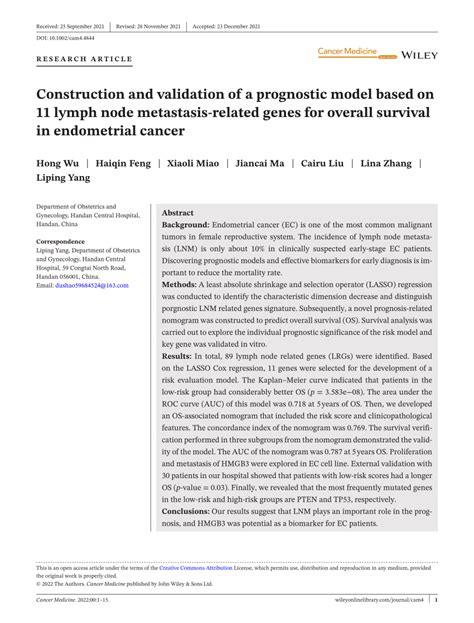 Pdf Construction And Validation Of A Prognostic Model Based On 11 Lymph Node Metastasis