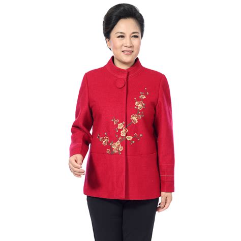 新款中老年毛呢外套中式复古女绣花立领上衣 春秋长袖妈妈装 水中望月1520