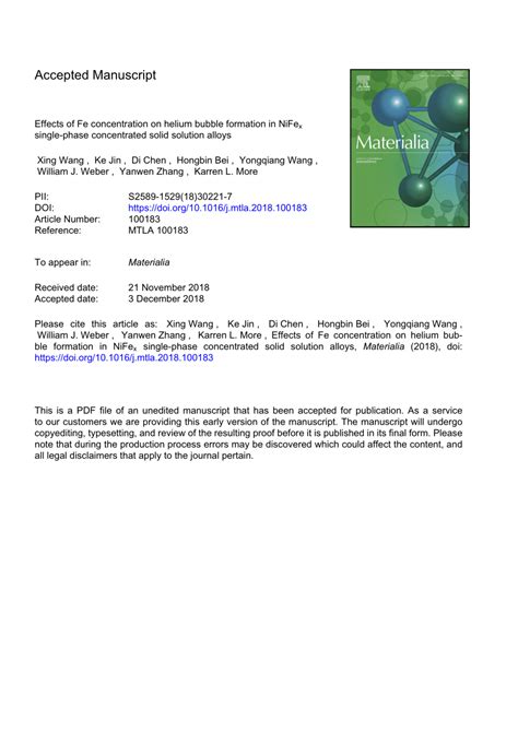 Pdf Effects Of Fe Concentration On Helium Bubble Formation In Nifex