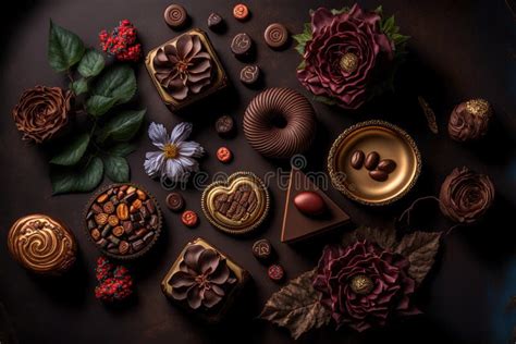 Image Of A Wooden Table Set With Chocolates And Flowers For A Romantic
