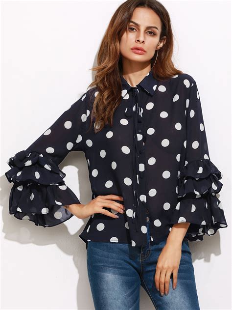 Textured Dots Layered Ruffle Sleeve Blouse Sheer Shirt Blouse Shirt