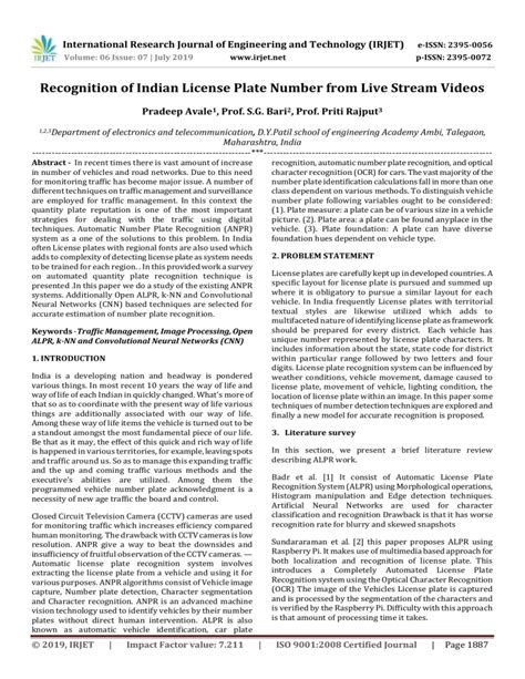 Irjet Recognition Of Indian License Plate Number From Live Stream Videos